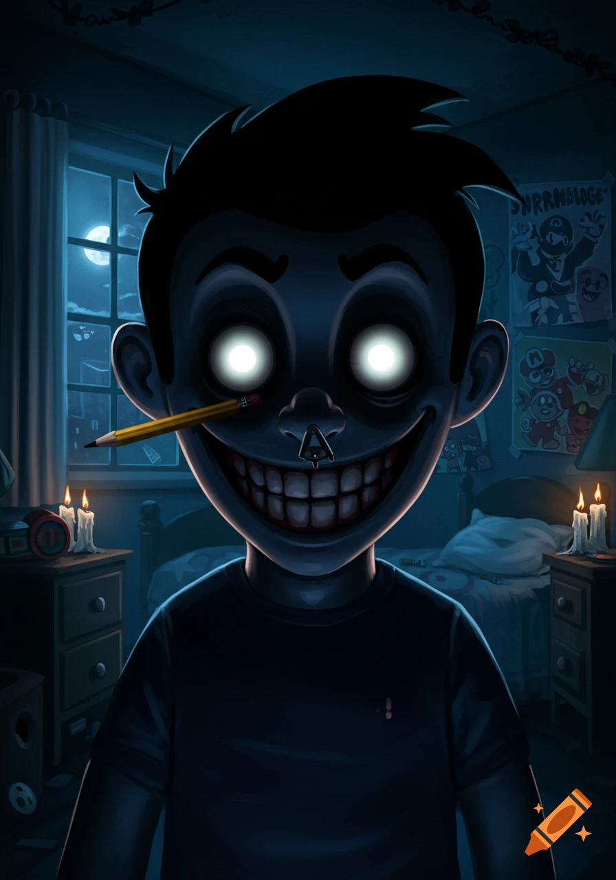 A creepy cartoon boy with glowing eyes, a wide smile, a pencil through ...