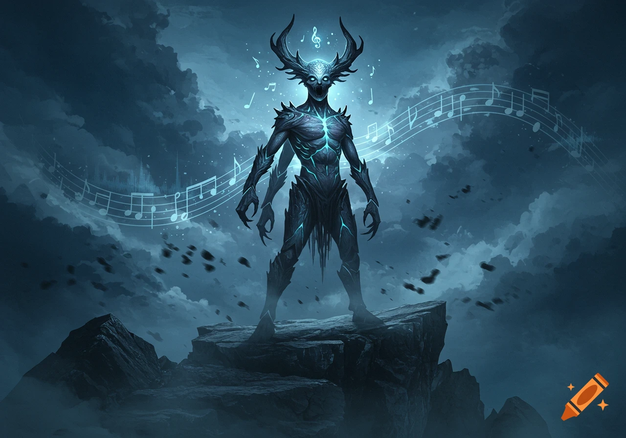 A glowing, horned monster with four arms stands on a cliff under a dark ...