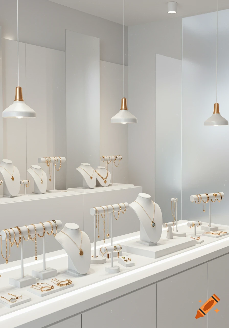 A bright, minimalist jewelry shop display featuring gold necklaces and ...