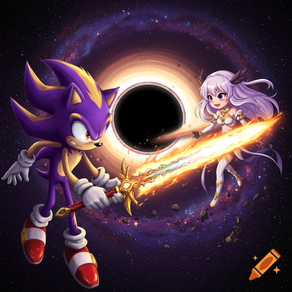 Purple Sonic-like character with golden stripes and a burning sword ...