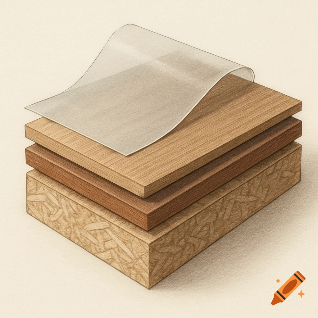 An illustration of stacked material layers: a transparent sheet, two ...