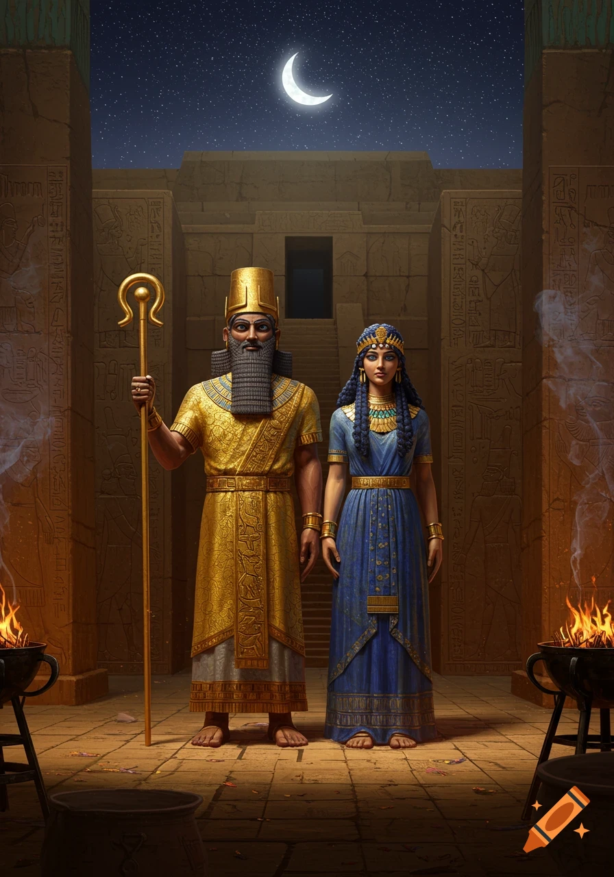 A man and woman in elaborate ancient Sumerian-style golden and blue ...