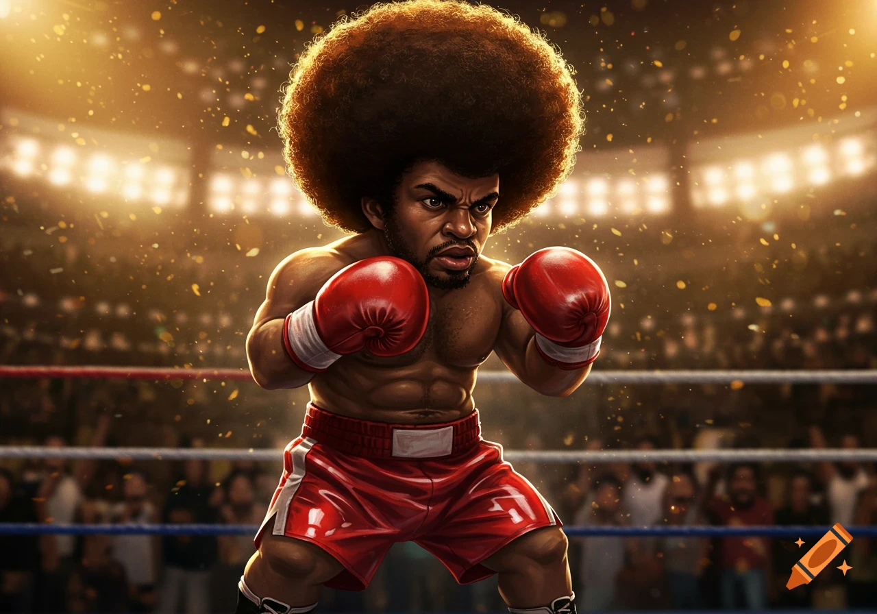 Stylized illustration of a muscular midget boxer with a huge afro ...