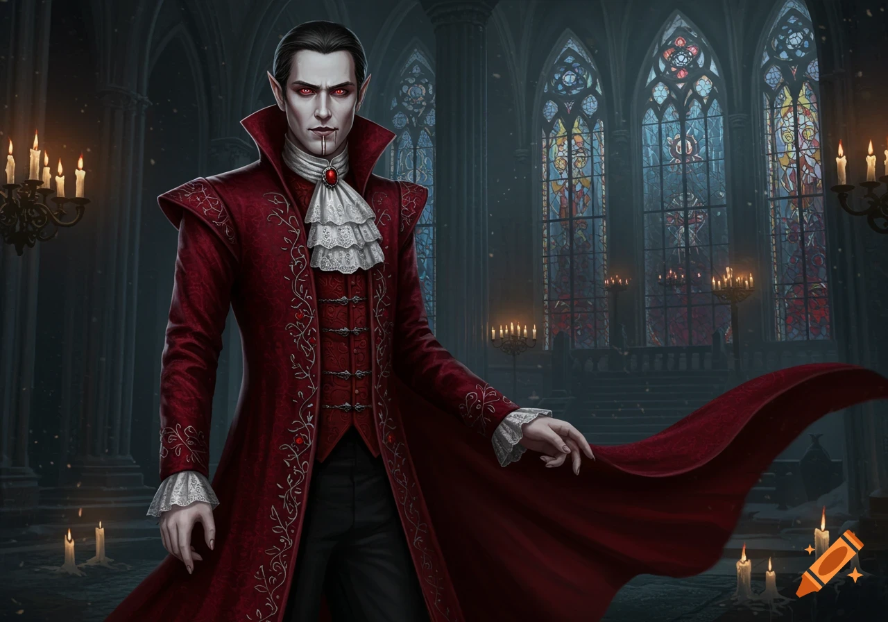 A male vampire with long dark hair, red eyes, and pale skin, wearing an ...
