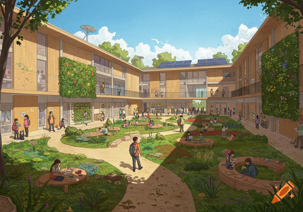 A vibrant illustration of a modern school with a central courtyard ...