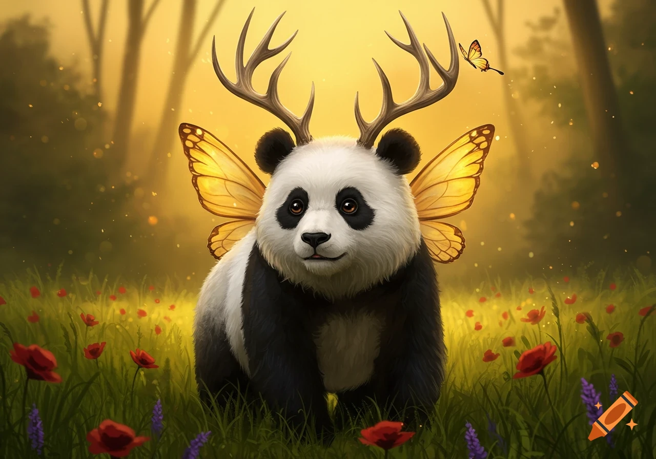 A cute panda with antlers and golden butterfly wings stands in a sunlit ...