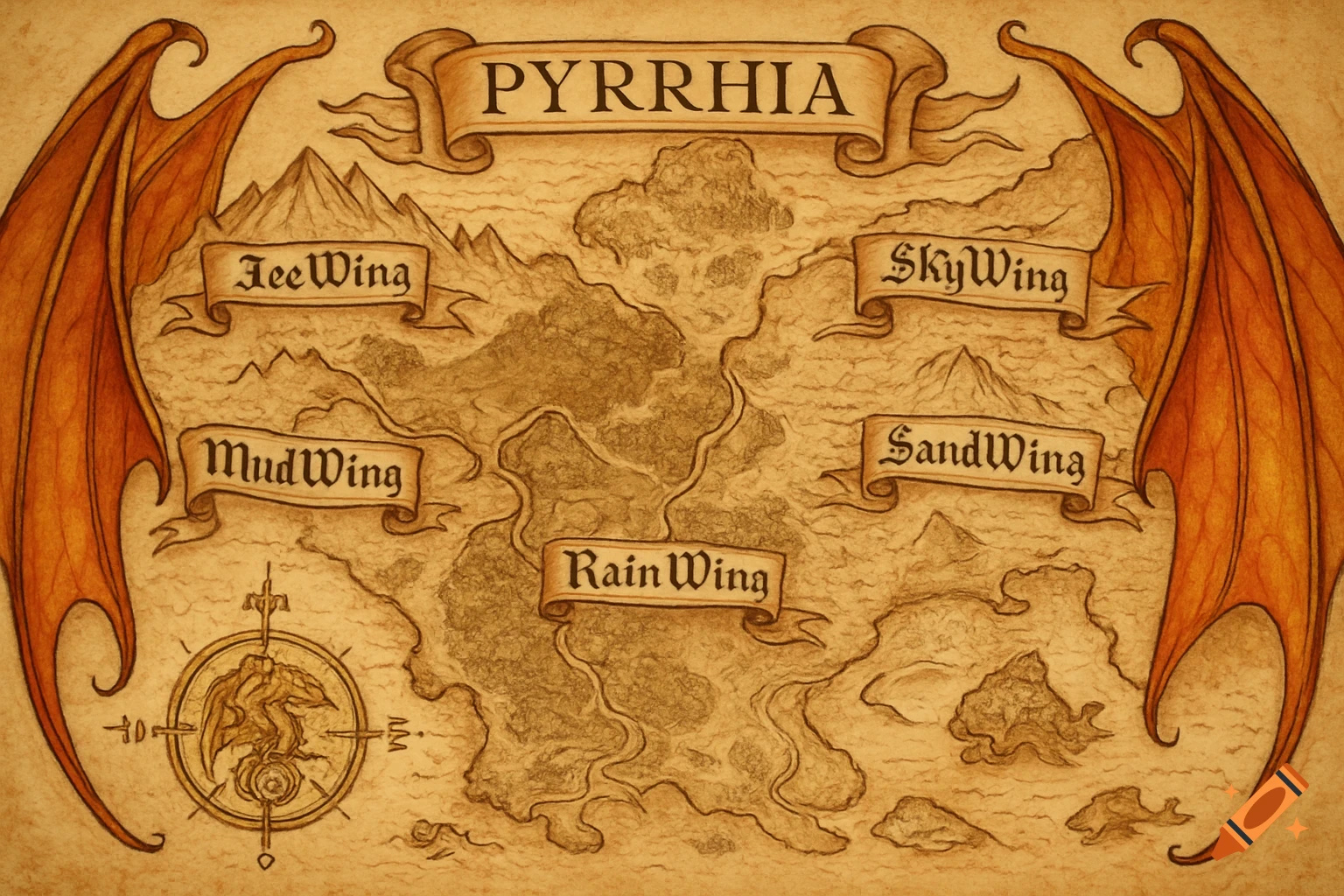 An antique-style fantasy map of Pyrrhia with dragon wings, displaying ...