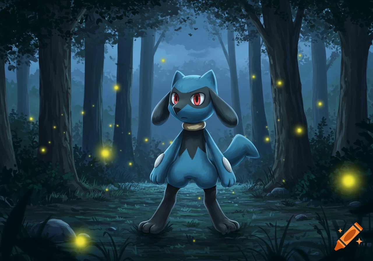 A blue Riolu Pokémon stands in a dark, mystical forest illuminated by ...