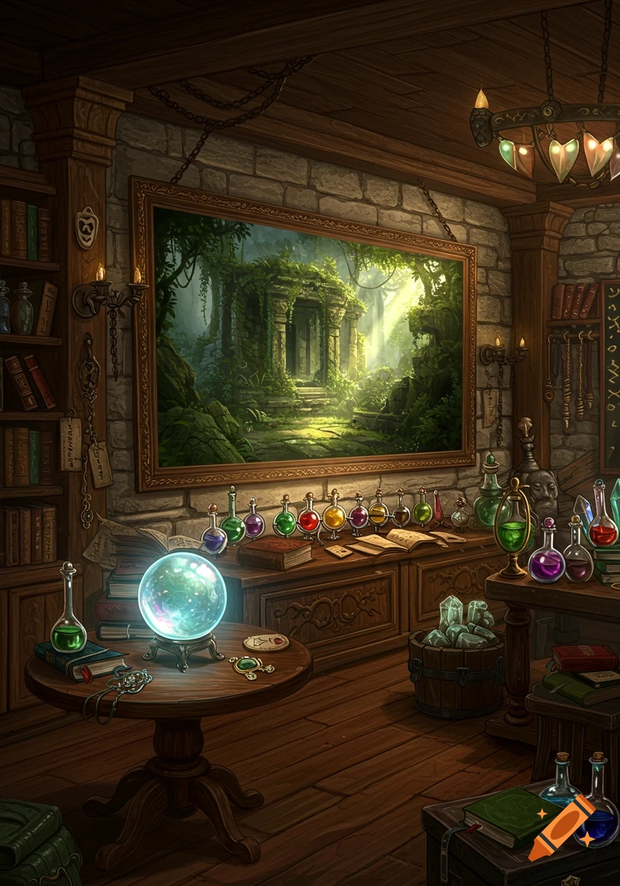A fantasy magic shop interior with a glowing crystal ball, colorful ...