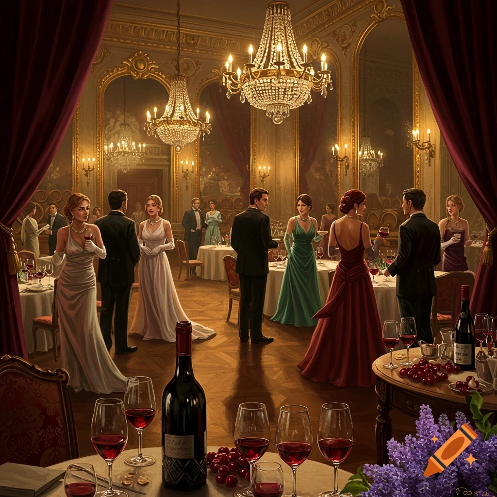 A luxurious wine gala with elegantly dressed men and women mingling in ...