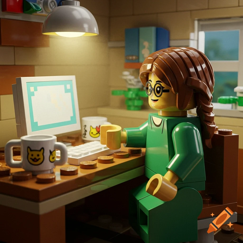 A Lego girl in a green dress and glasses with braided brown hair sits ...