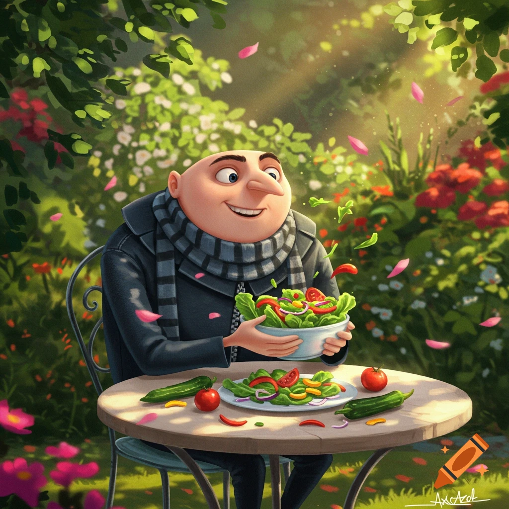 Gru happily eating a bowl of salad at a small table in a vibrant garden ...