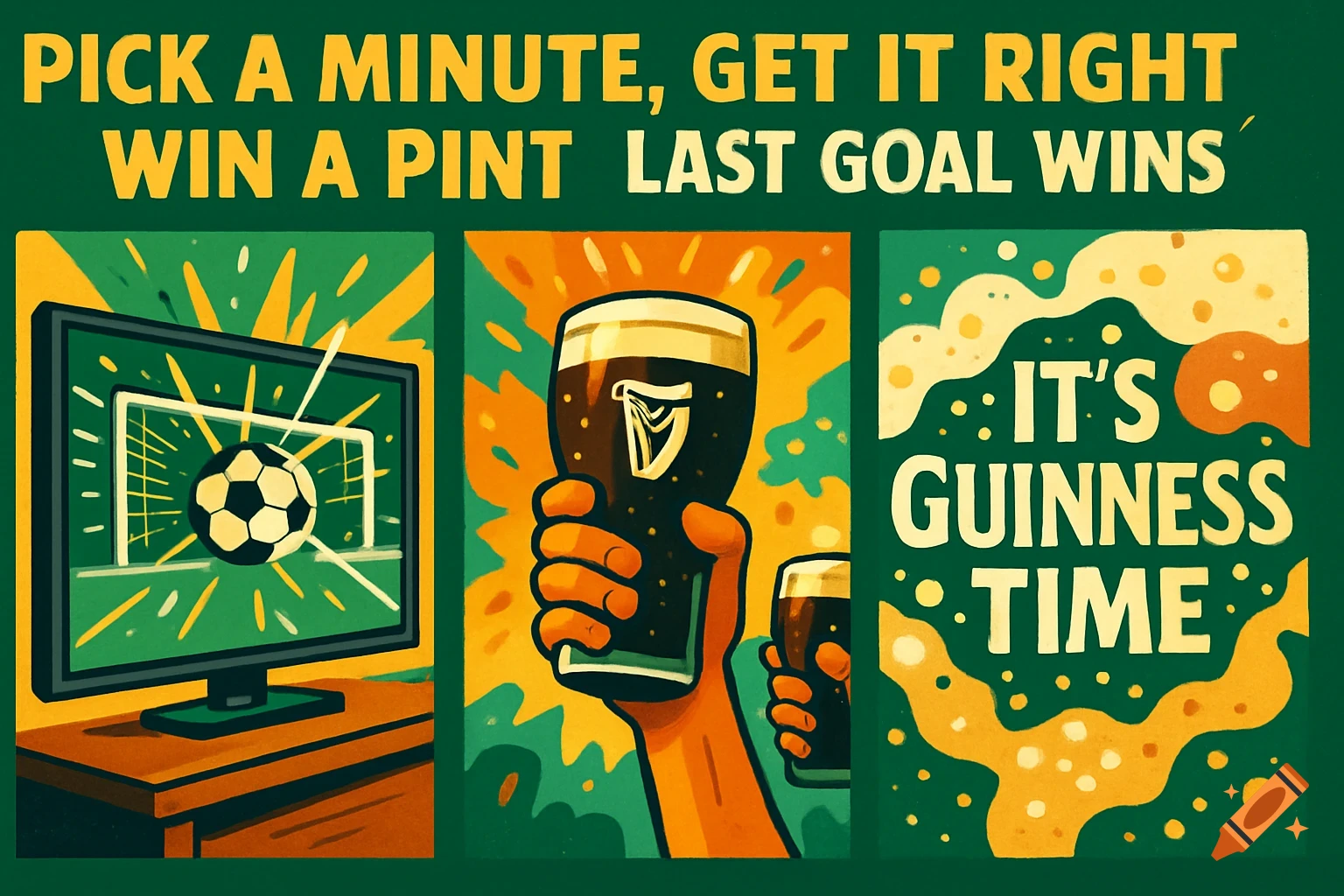 Three panels show a soccer goal on a TV, hands holding a Guinness pint ...