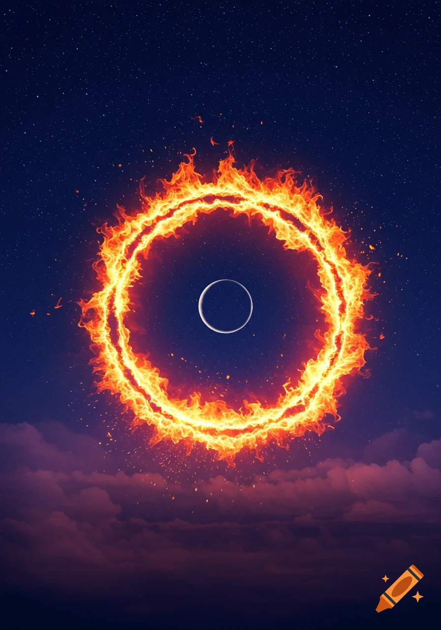 A vibrant ring of fire encircles a glowing crescent against a dark ...