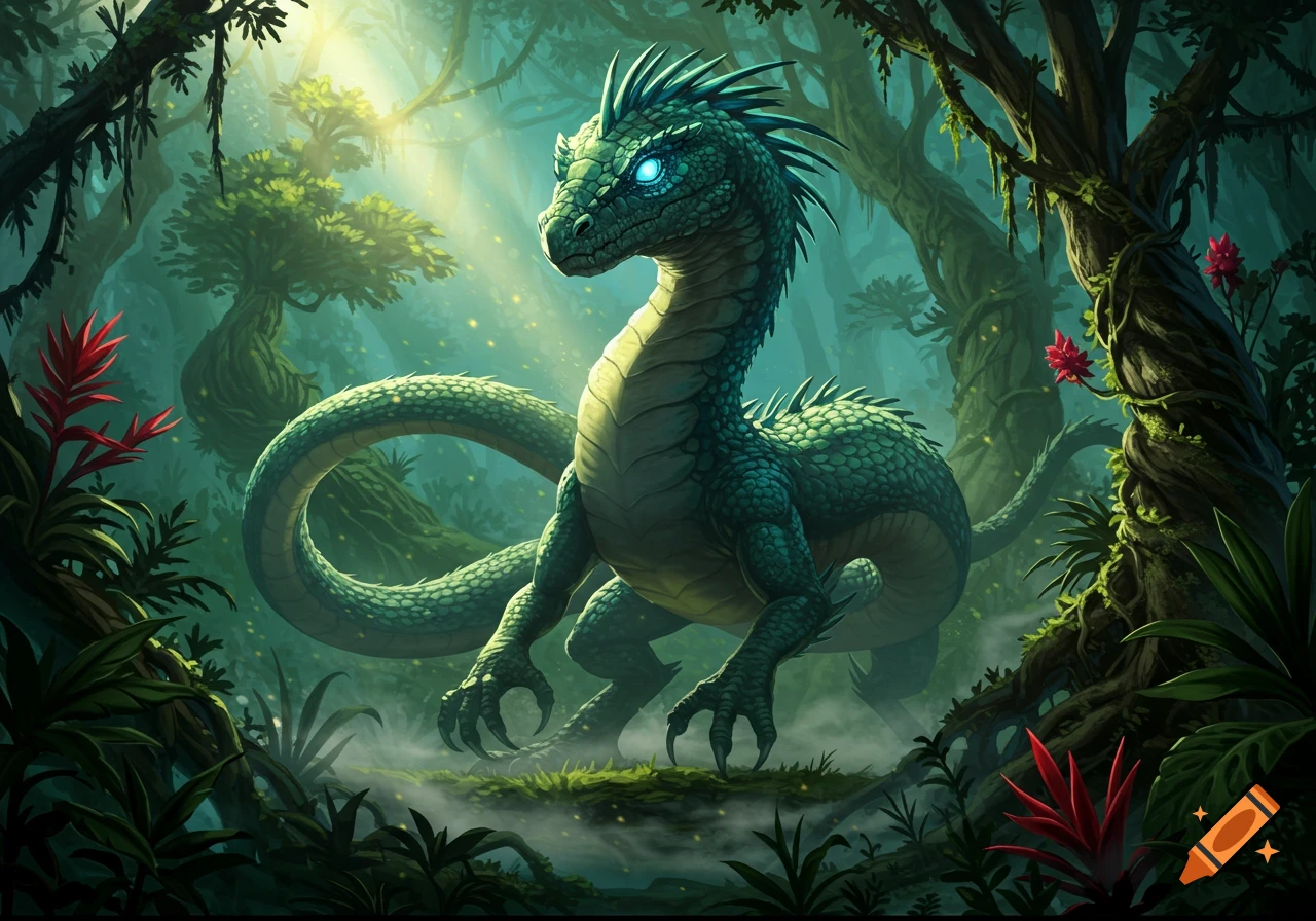 A vibrant green and blue snake-lizard creature with golden eyes coils ...