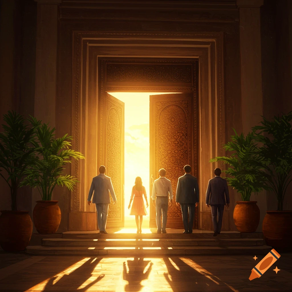 A tall, narrow pale stone doorway with gold vertical strips, a lemon ...