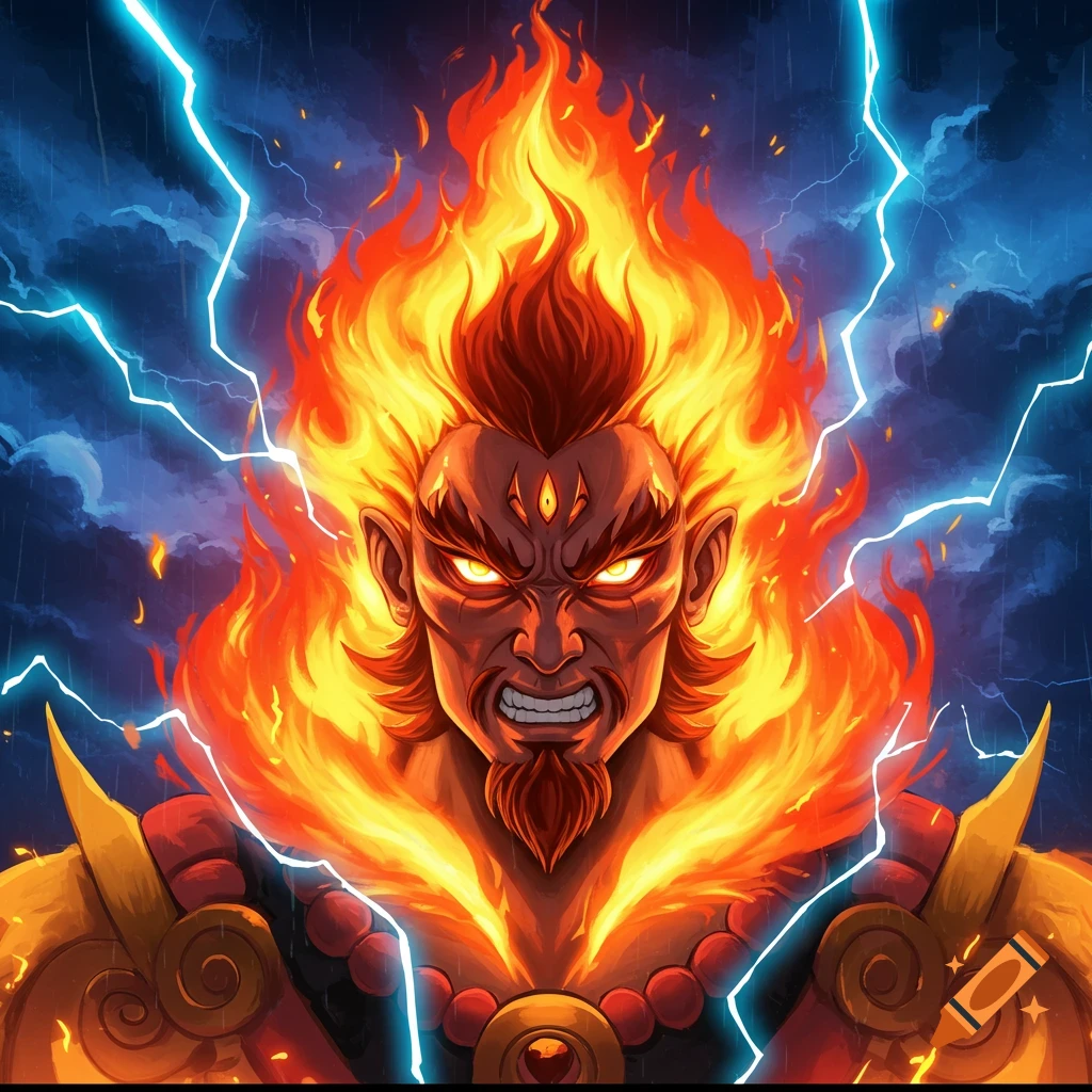Anime style portrait of an angry, red-skinned god with fiery hair ...