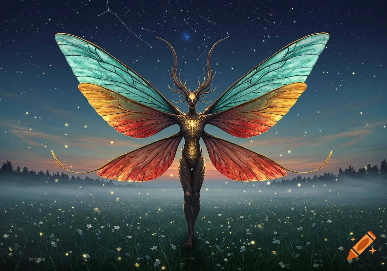 A mystical, deer-like winged creature with four iridescent wings stands ...