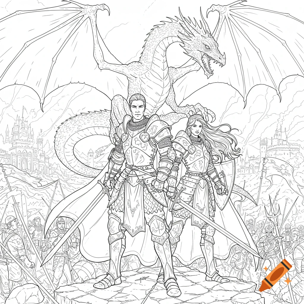 Black and white line art coloring page of two knights, a male and a ...