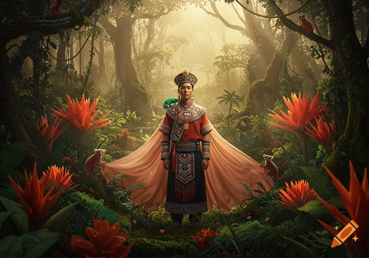 A man in traditional red attire and ornate headdress stands in a lush ...