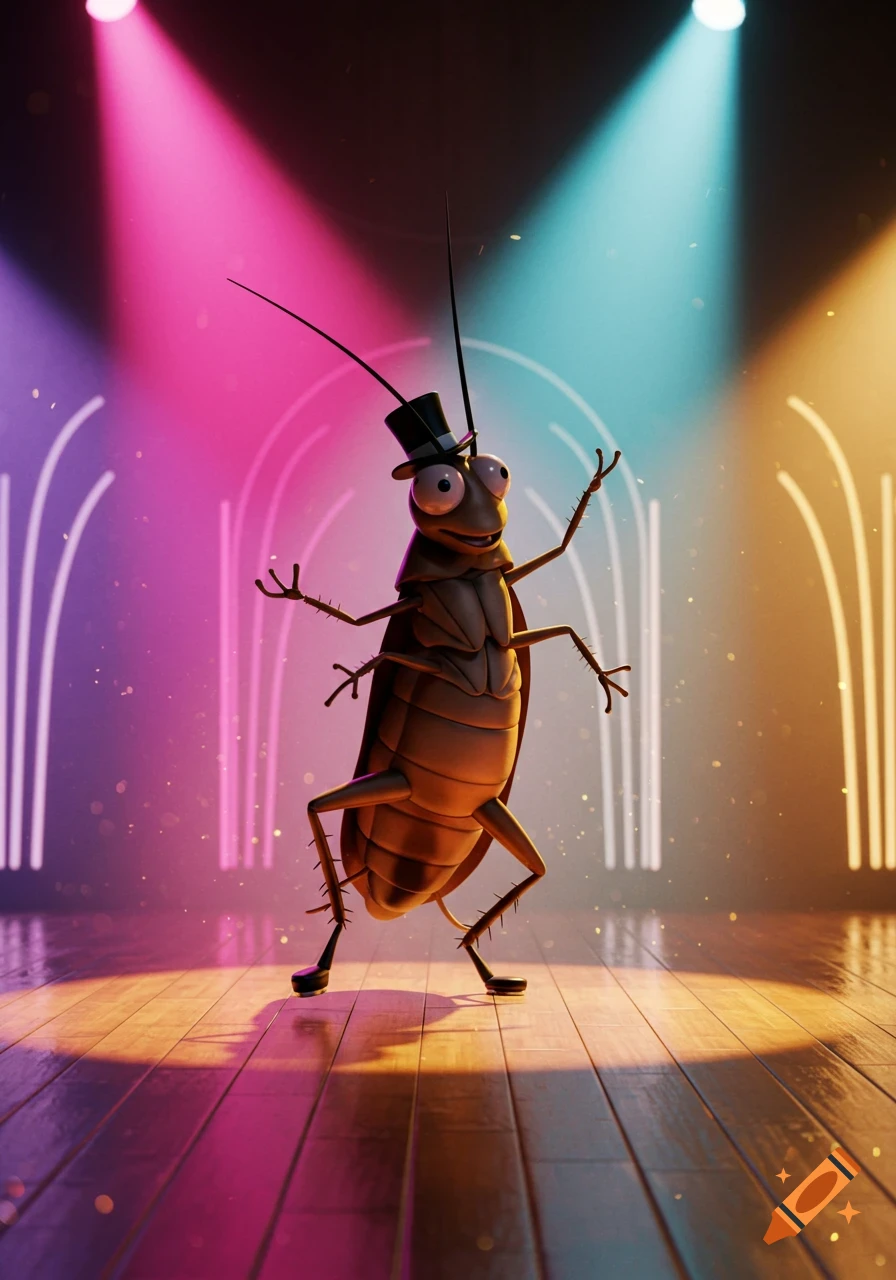 A stylized 3D cartoon cockroach in a top hat tap dancing on a ...