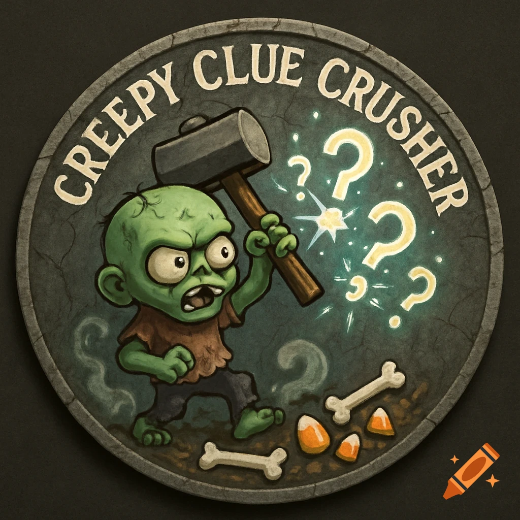 A cartoon zombie smashes question marks on a round, cracked stone badge ...