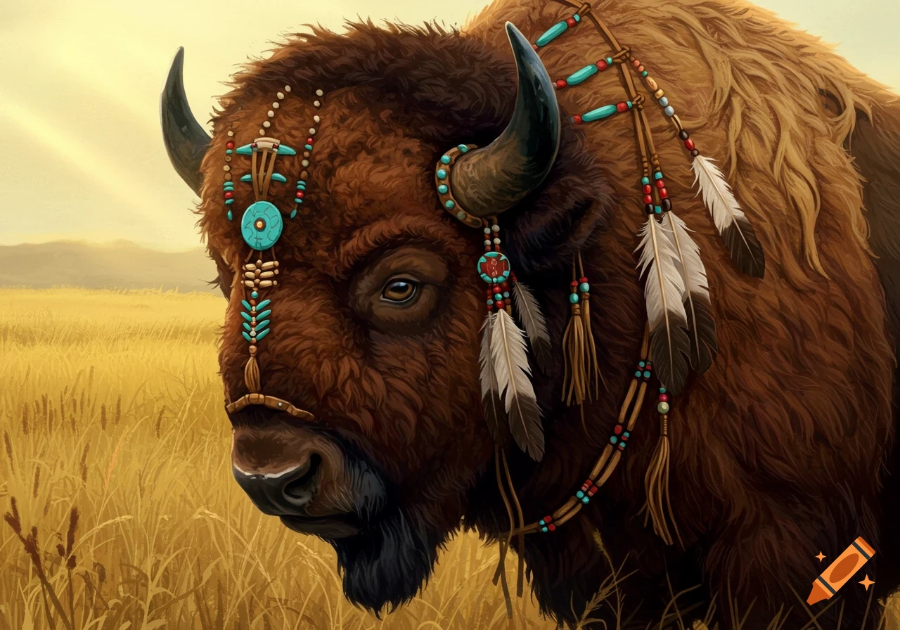 A monochrome linocut print showing the side profile of a majestic bison ...