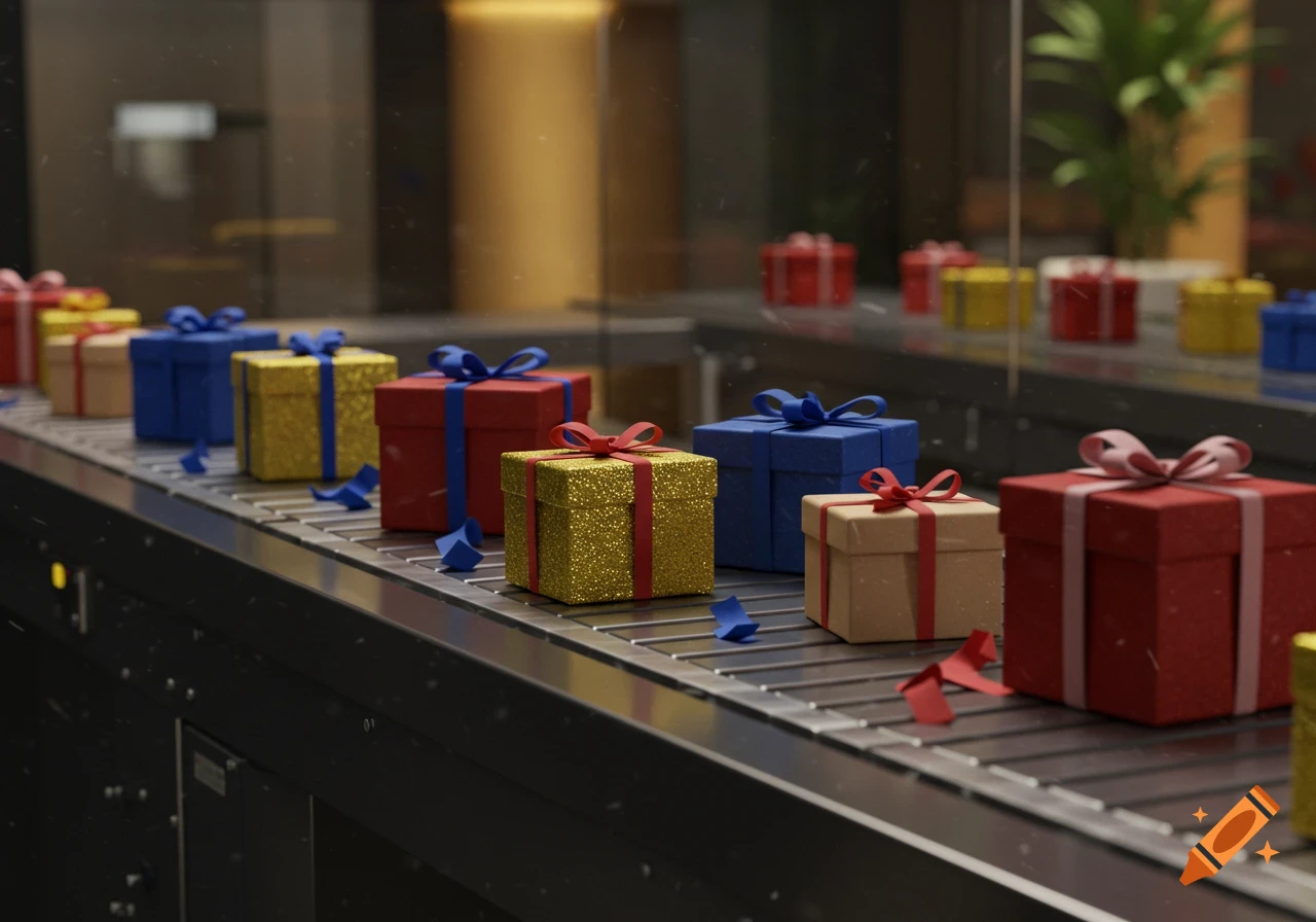 Colorful gift boxes, including red, blue, gold glitter, and kraft, move ...