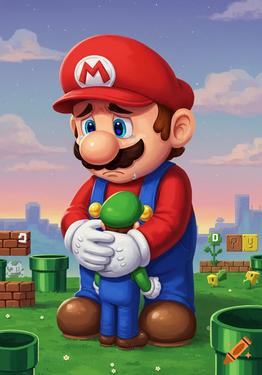 Giant Mario in red overalls weeps while embracing a smaller Luigi, set ...