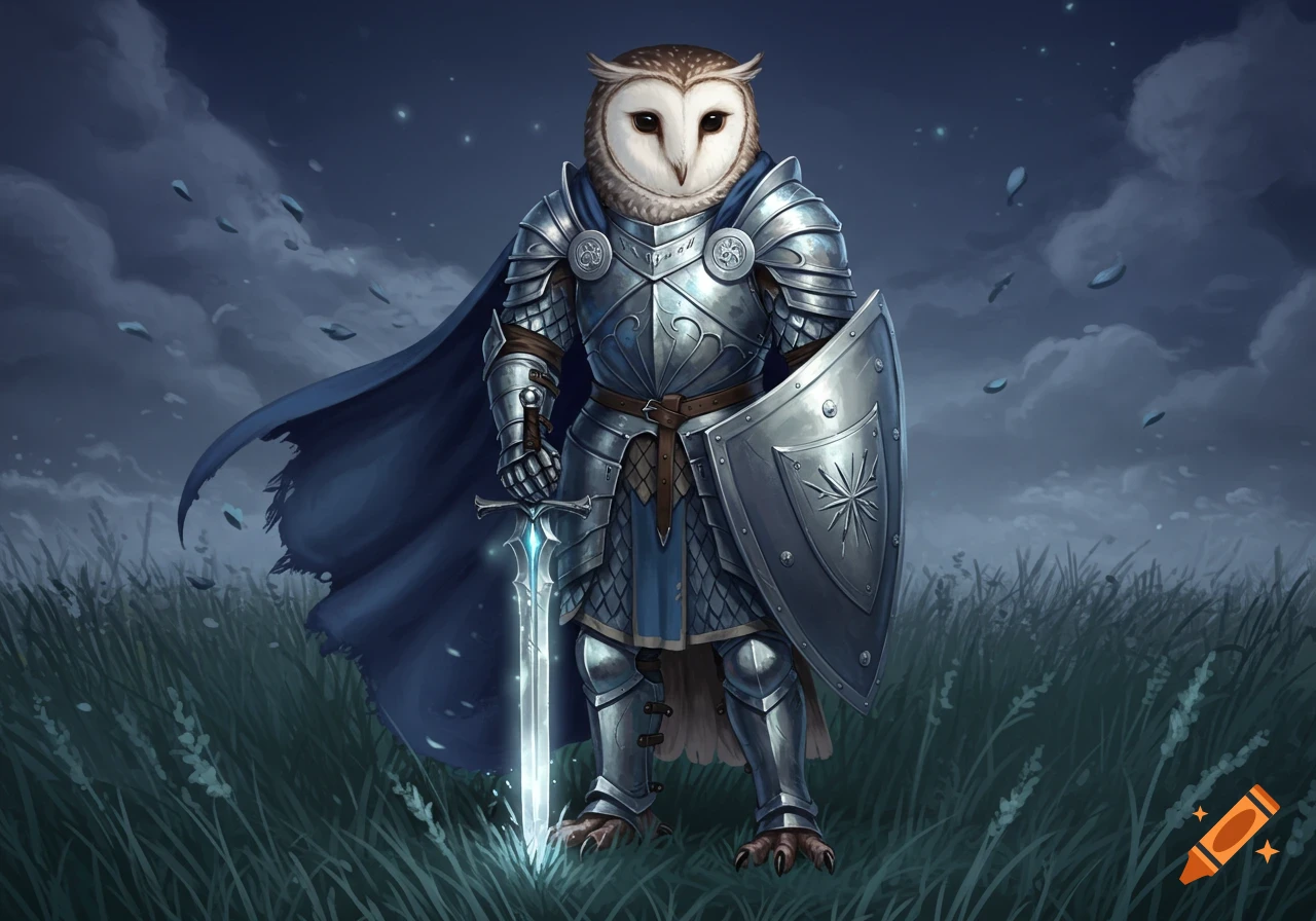 A majestic owl knight, clad in shimmering silver and blue armor with a ...