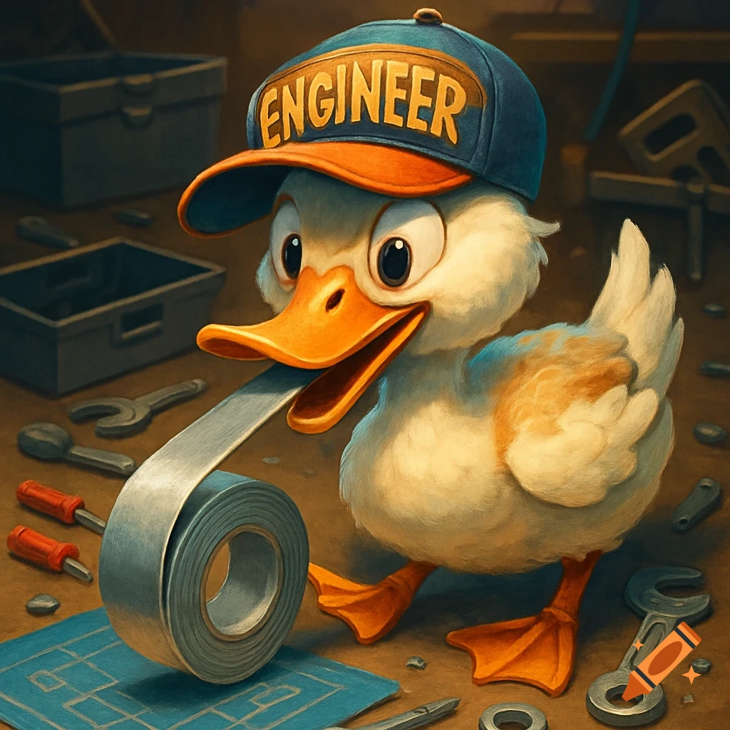 A cartoon duck wearing a blue cap with 'ENGINEER' written on it pulls a ...