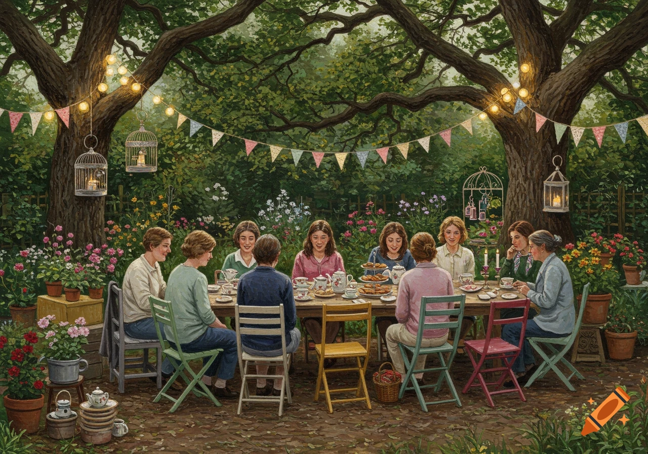 An illustration of women gathered around a wooden table in a lush ...
