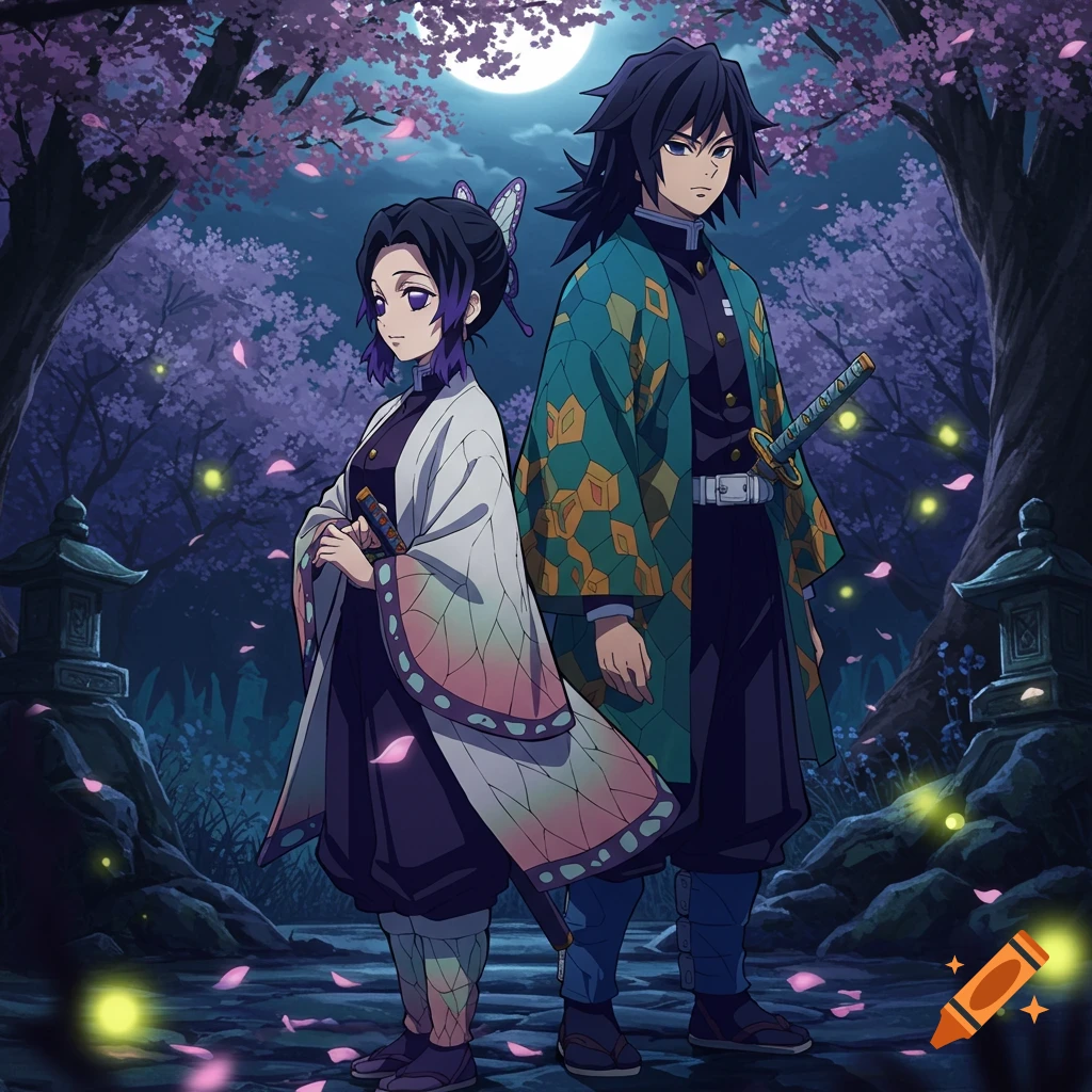 Two anime characters, a boy and a girl, stand back-to-back holding ...