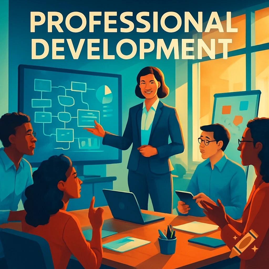 An illustration of a diverse group of professionals attending a 'PROFESSIONAL DEVELOPMENT ...