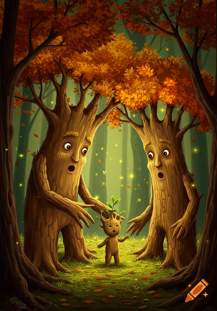 Two large, surprised anthropomorphic trees in a colorful autumn forest ...