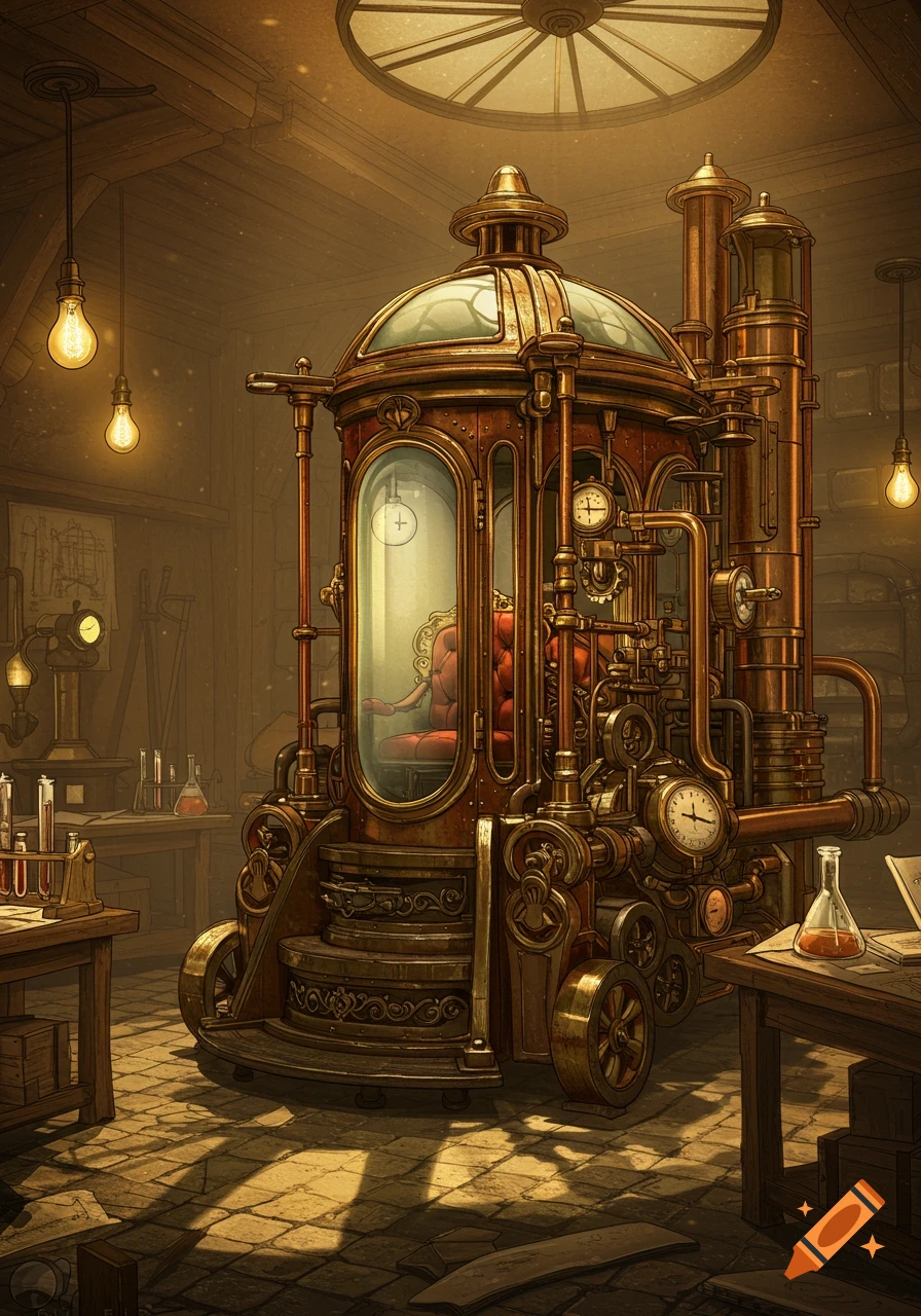 An elaborate steampunk time machine, made of bronze and copper, sits in a dimly lit inventor's ...