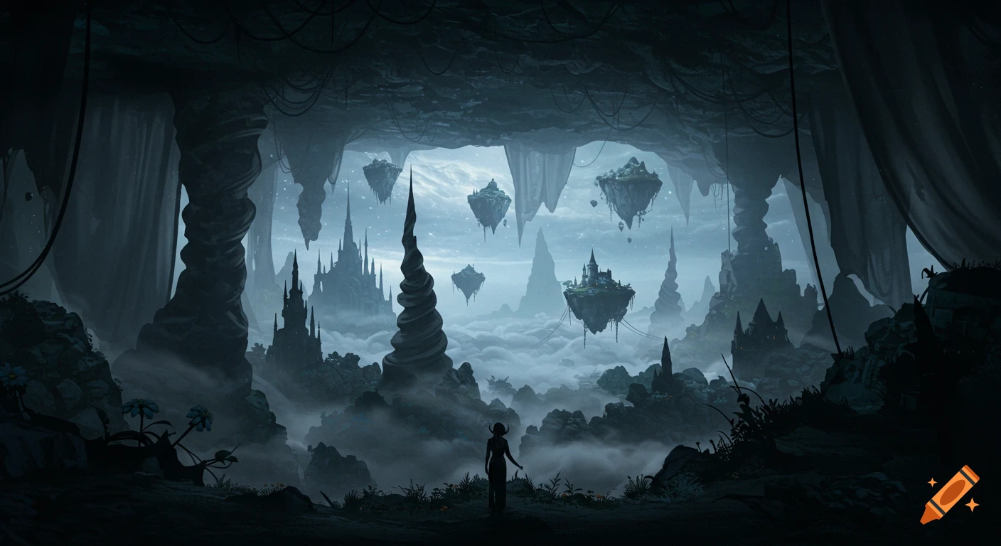 A knight with a glowing sword stands in a dark, ruined arena under a ...