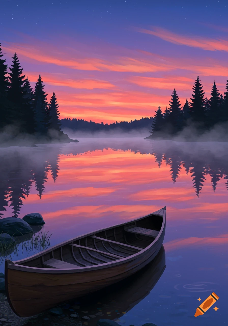 A rustic wooden boat floats peacefully on a misty lake at sunrise ...