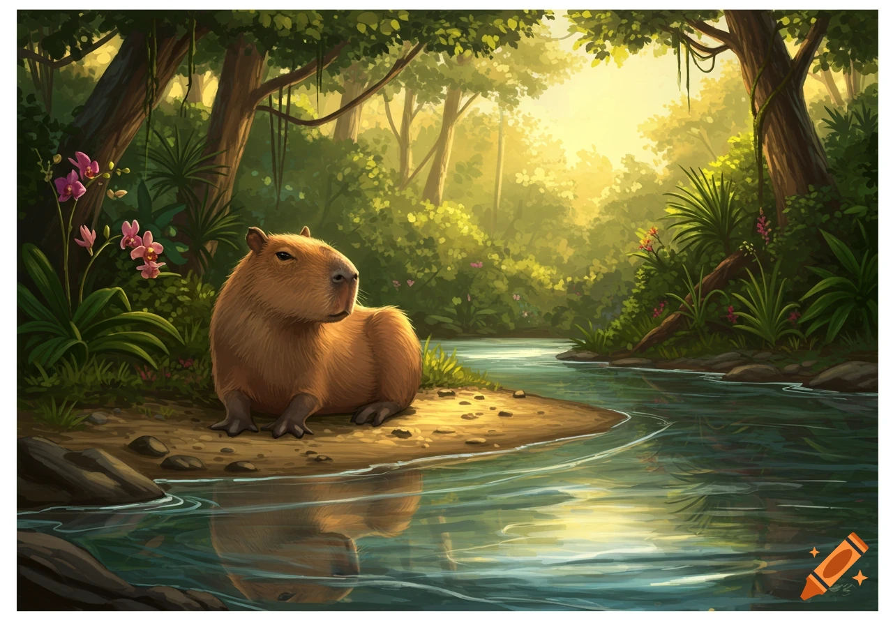 A realistic capybara stands on blocky grass next to a blocky pond in a ...