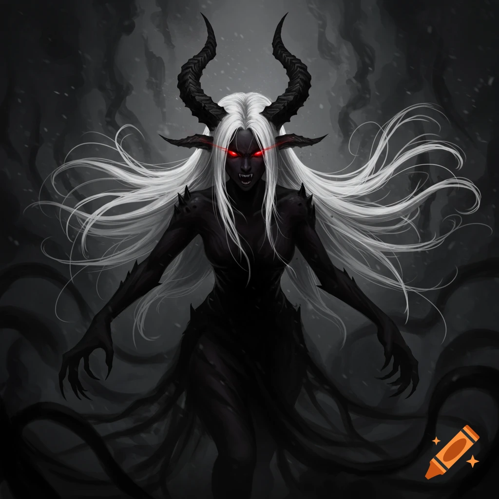 A dark fantasy illustration of a demon woman with long white hair ...
