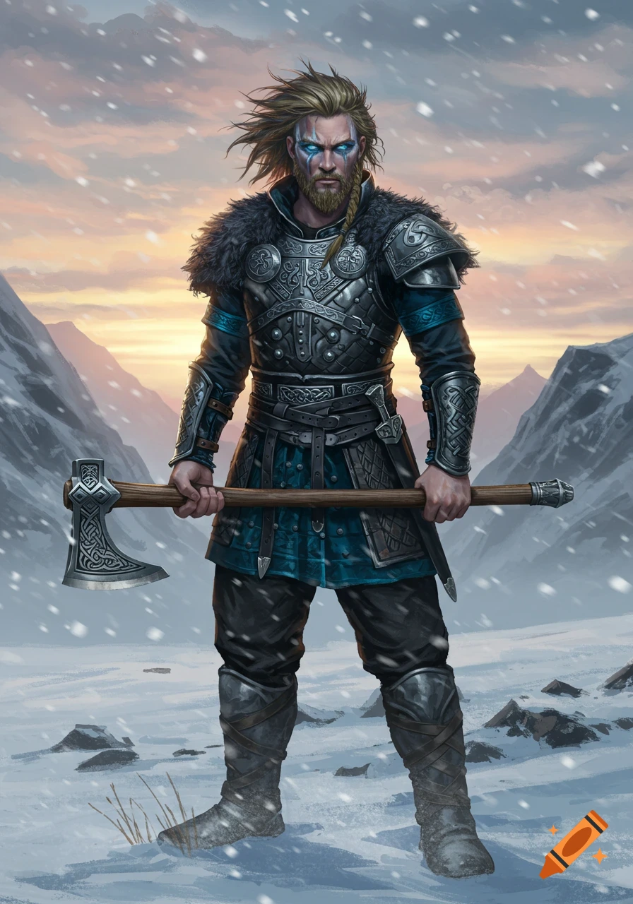 A stylized Viking warrior with a beard and war paint holds an axe over ...