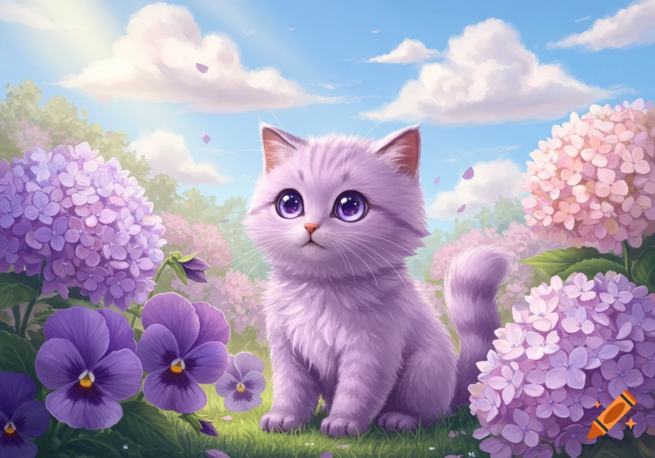 A cute pink kitten with big brown eyes sits amidst purple lavender ...