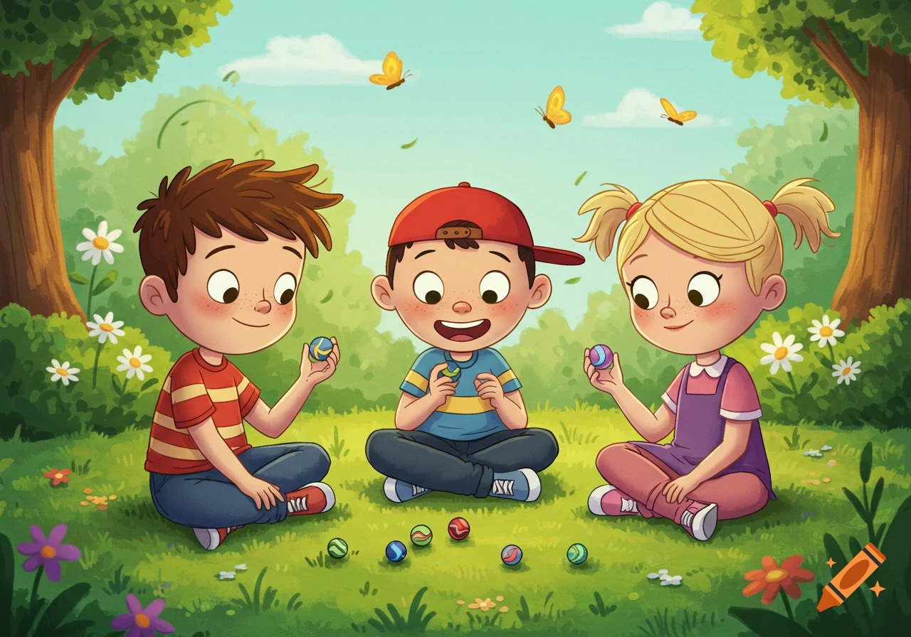 Three cartoon children play marbles on green grass, surrounded by trees ...