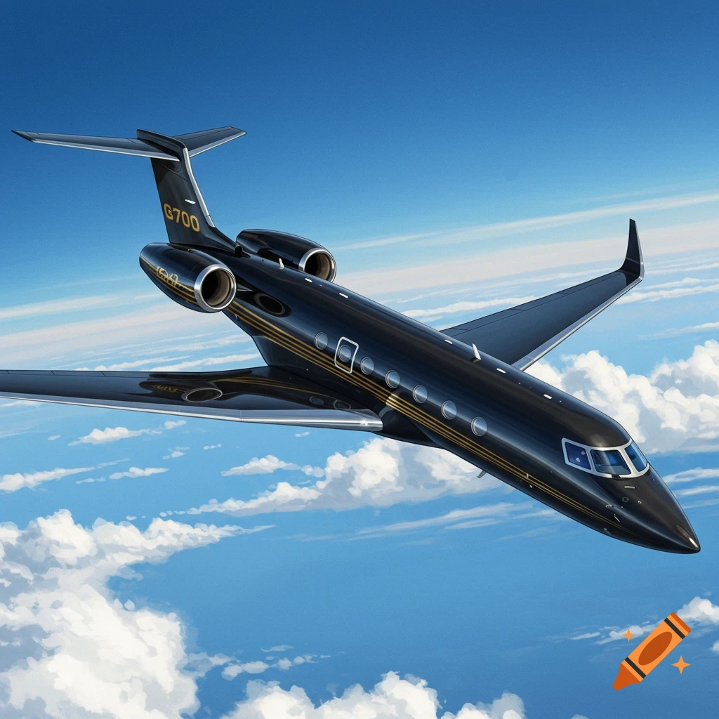 A black and gold Gulfstream G700 private jet flies through a blue sky ...