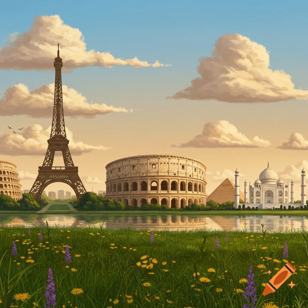 Famous world monuments including the Eiffel Tower, Colosseum, pyramid ...