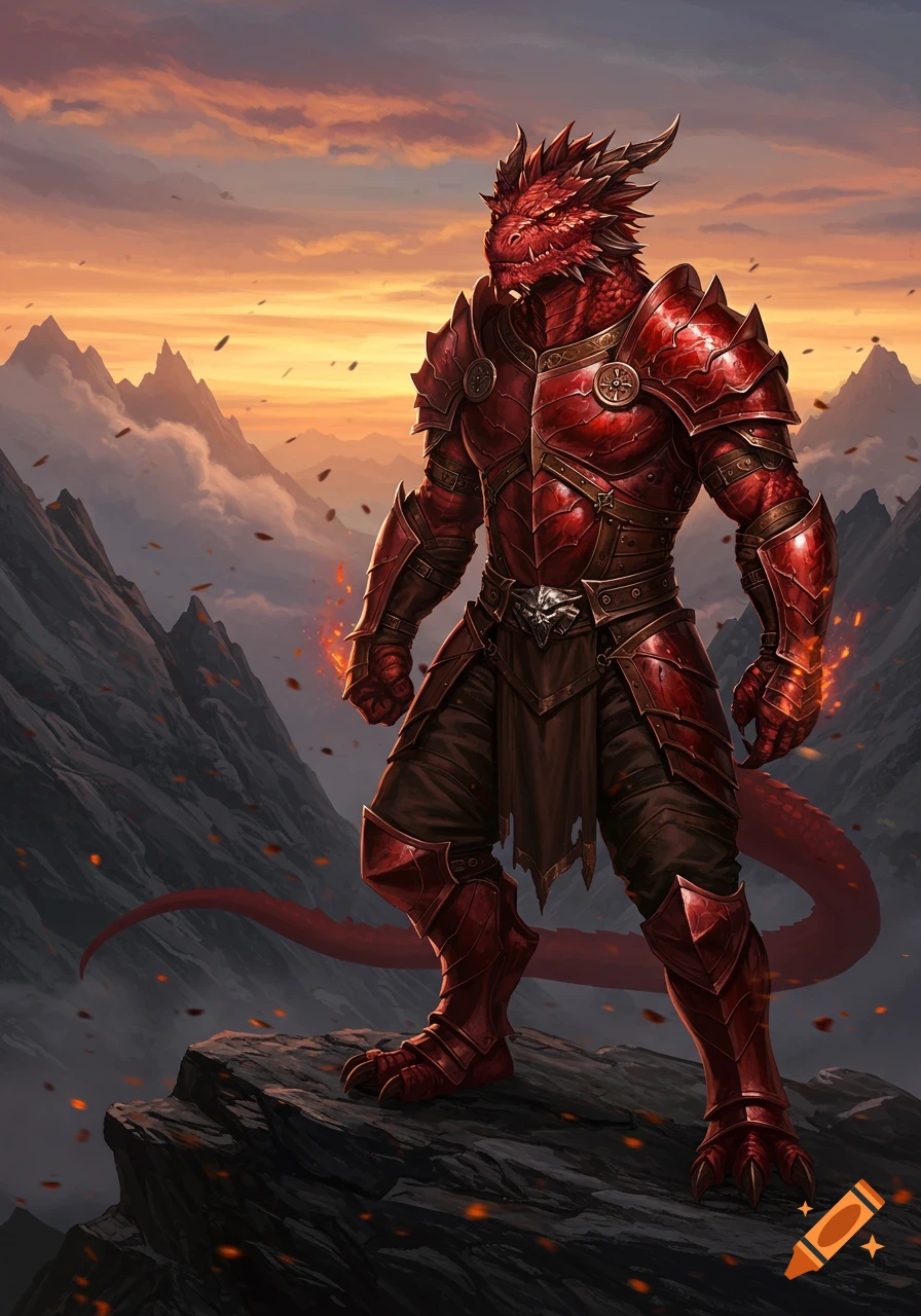 A powerful red dragonborn in ornate red and bronze armor stands on a ...