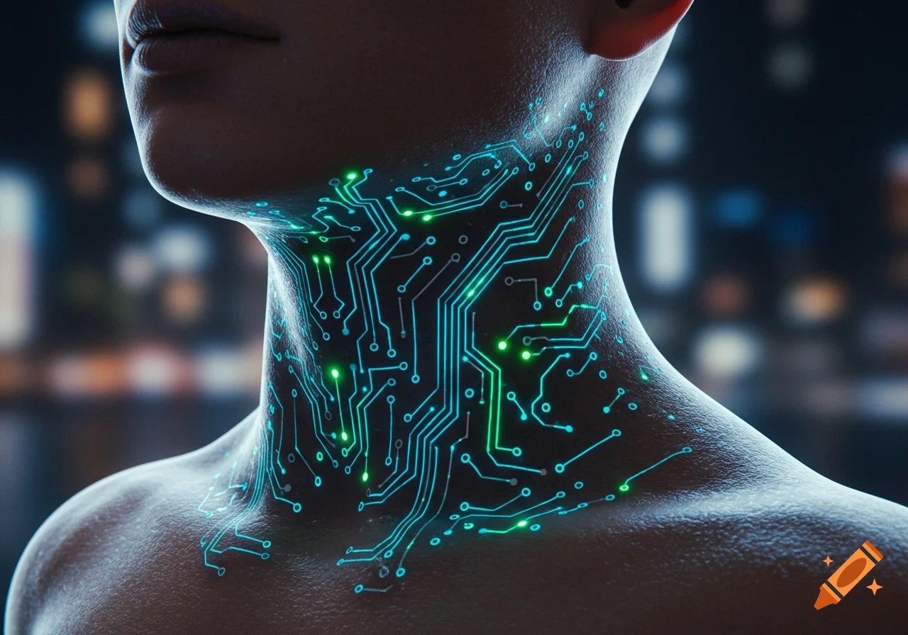 A close-up of a human neck and shoulder featuring glowing blue and ...
