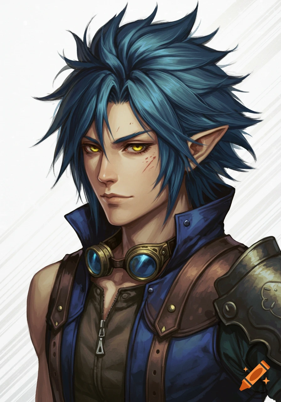 Final Fantasy style portrait of an elf-like male with wild blue hair ...