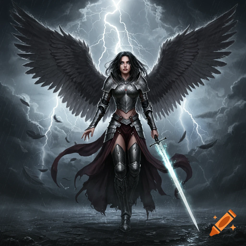 A red-haired female warrior with large red wings and silver armor ...