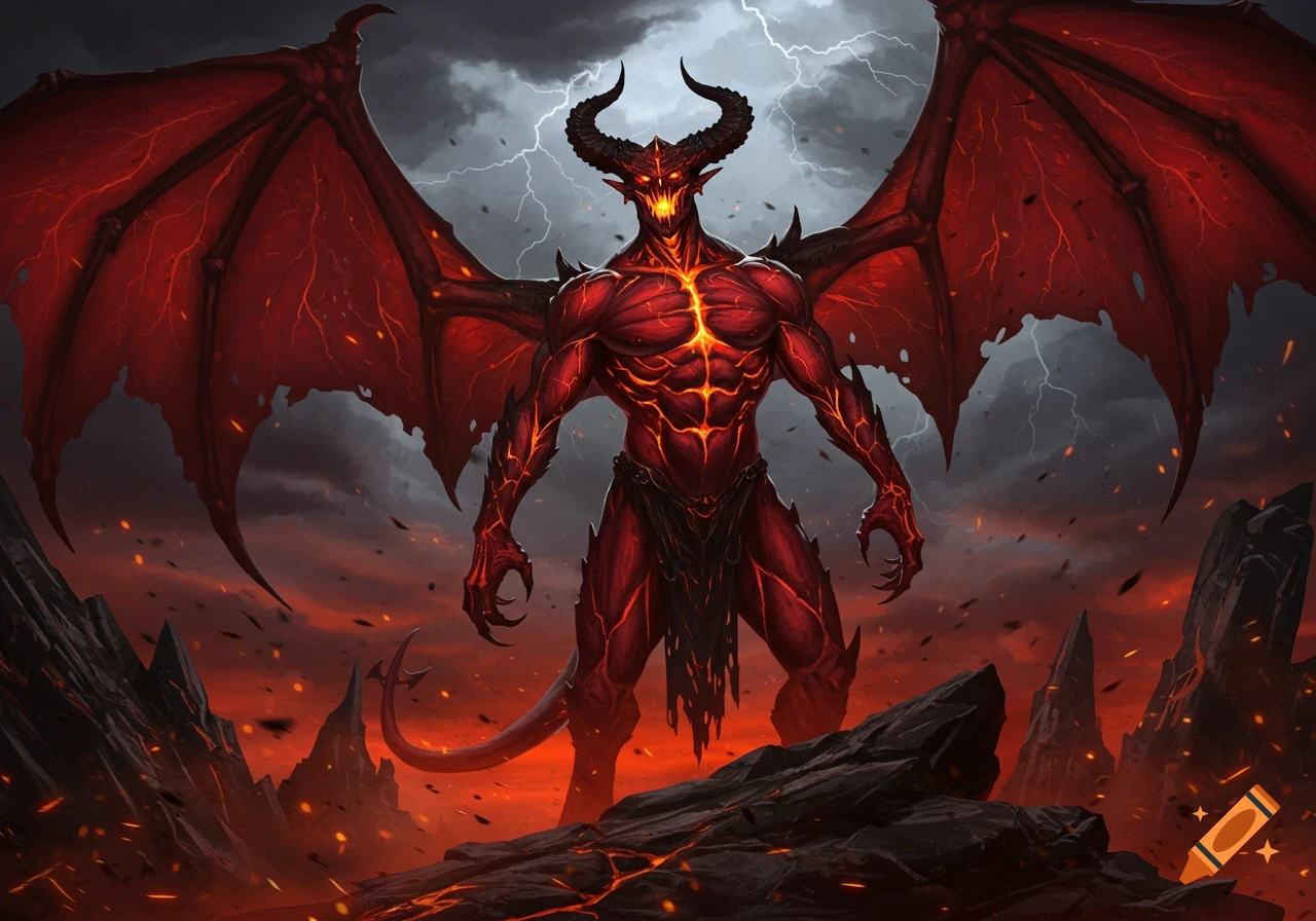 A muscular red demon with glowing cracks, large wings, and horns stands ...